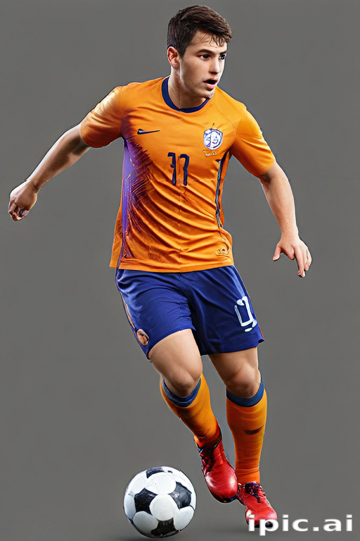 Dynamic Soccer Player in Action, Wearing Vibrant Orange and Blue Uniform