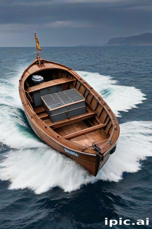 Classic Wooden Boat Cutting Through Waves Under Dramatic Cloudy Sky