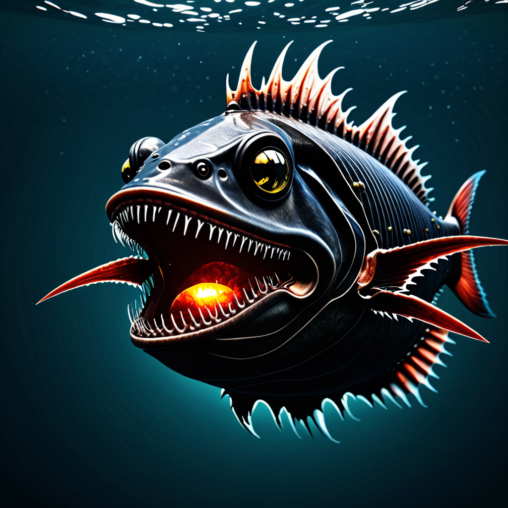 realistic scary huge teeth angler fish illuminated by it's lure ...