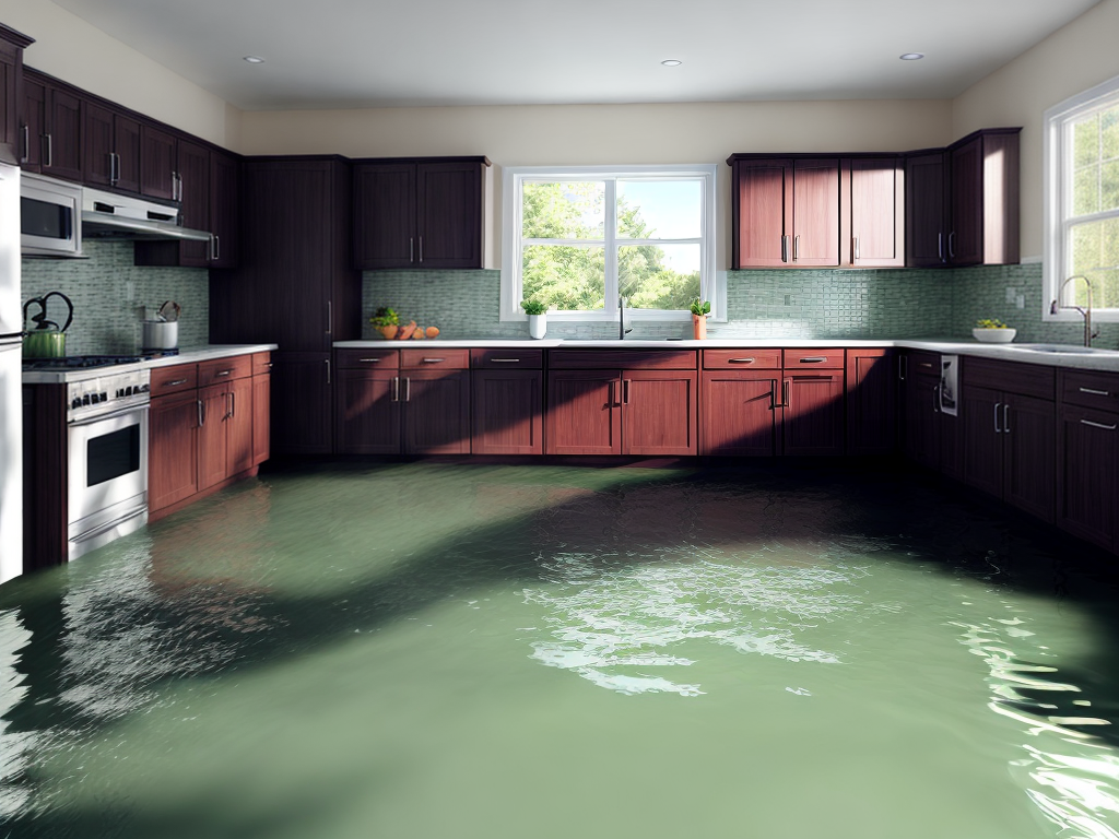 Use a high-quality, realistic image of a flooded kitchen. Ensure it ...