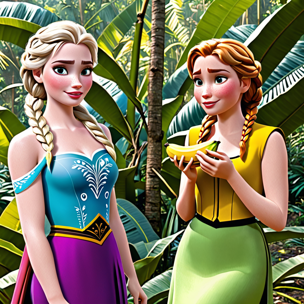 Elsa and Anna in the jungle eating a bunch of bananas