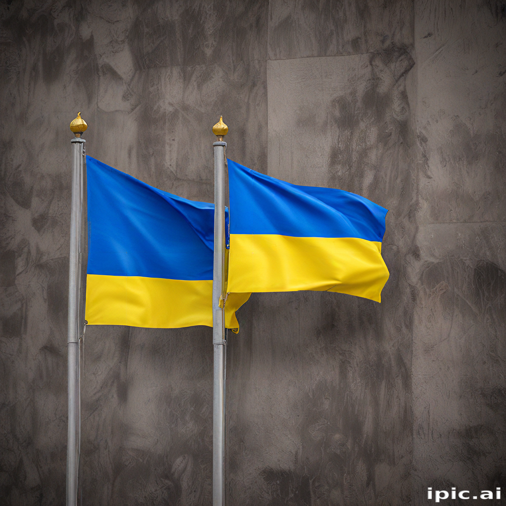 Two Ukrainian Flags Waving Proudly Against a Gray Background ...