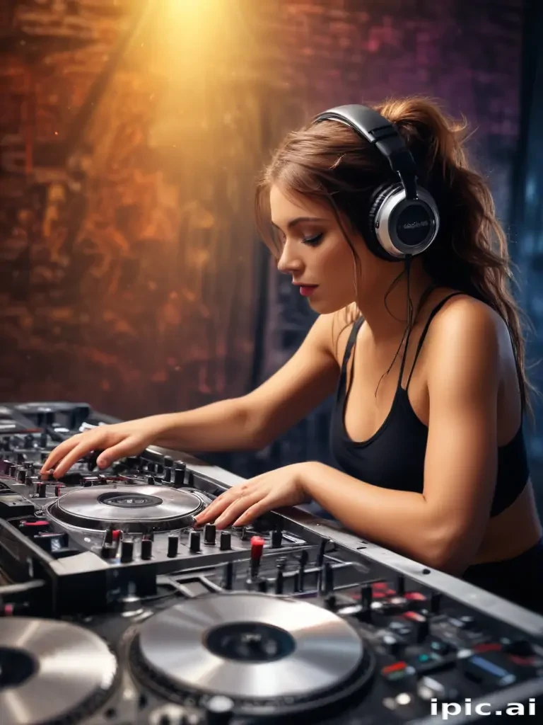 Young Female DJ Mixing Music with Passion in a Vibrant Atmosphere