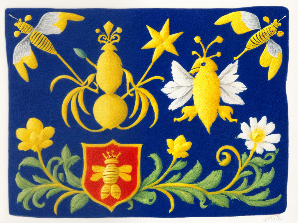 A painted heraldic coat of arms with a beehive in the middle and a ...