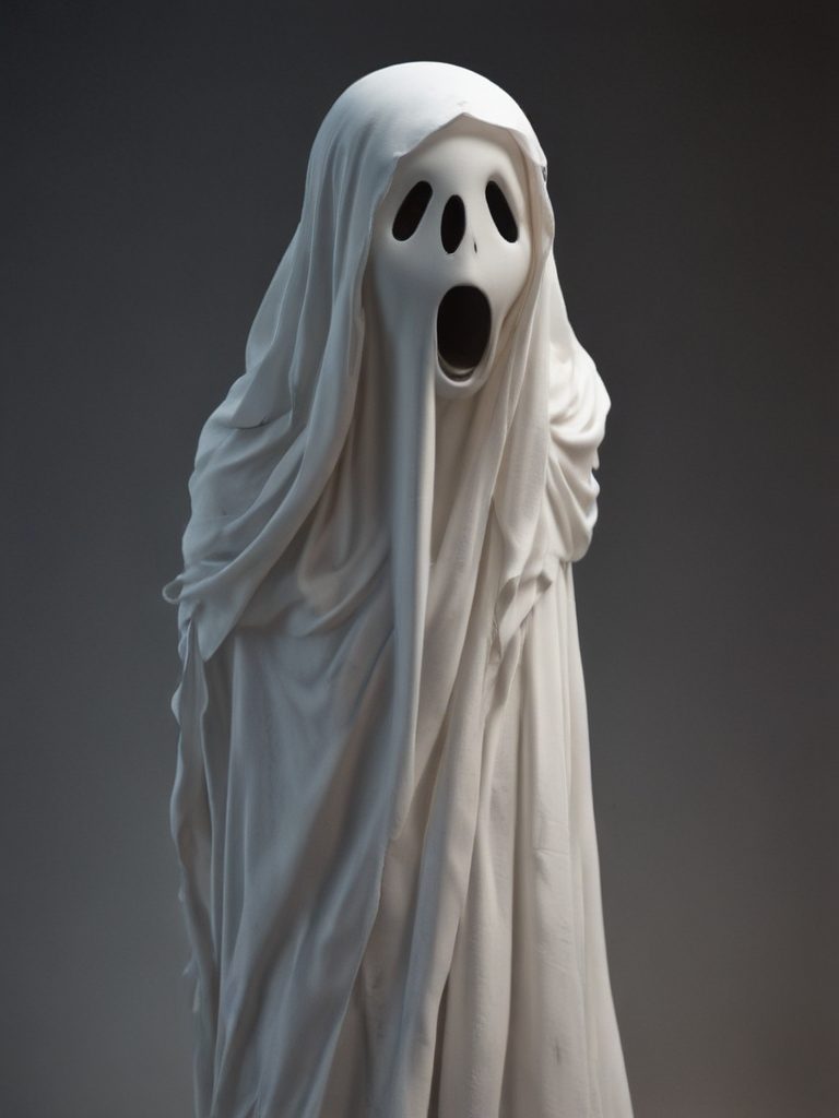 A Haunting Figure Shrouded in White Fabric with an Ominous Expression.