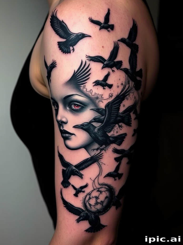 Intricate Tattoo Design Featuring a Mysterious Woman and Flying Crows