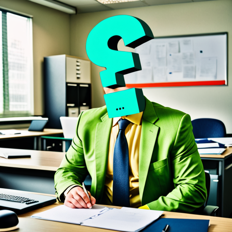 A blue-green cartoon themed office worker with a question mark on top ...