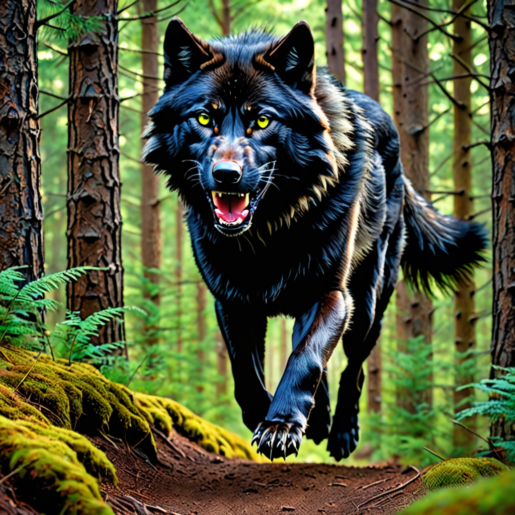 Huge wolf, dark fur, black fur, green or yellow eyes, black fur ...