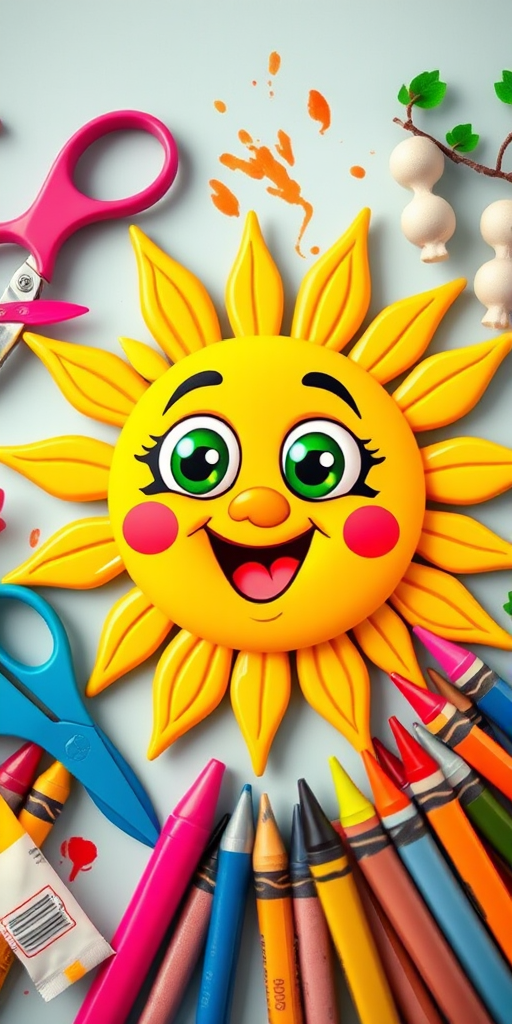 Cheerful Cartoon Sun Surrounded by Art Supplies and Creative Tools