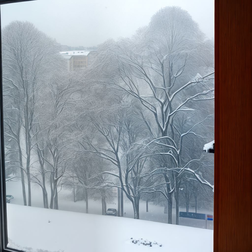 lots of snow falling outside the window in apartment in berlin