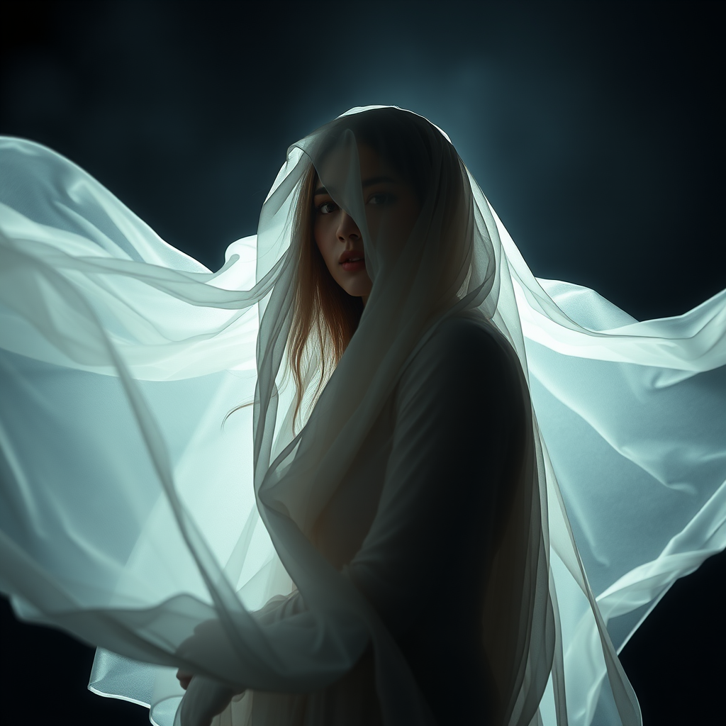 A Mysterious Woman Veiled in Ethereal Fabric Against a Dark Background.