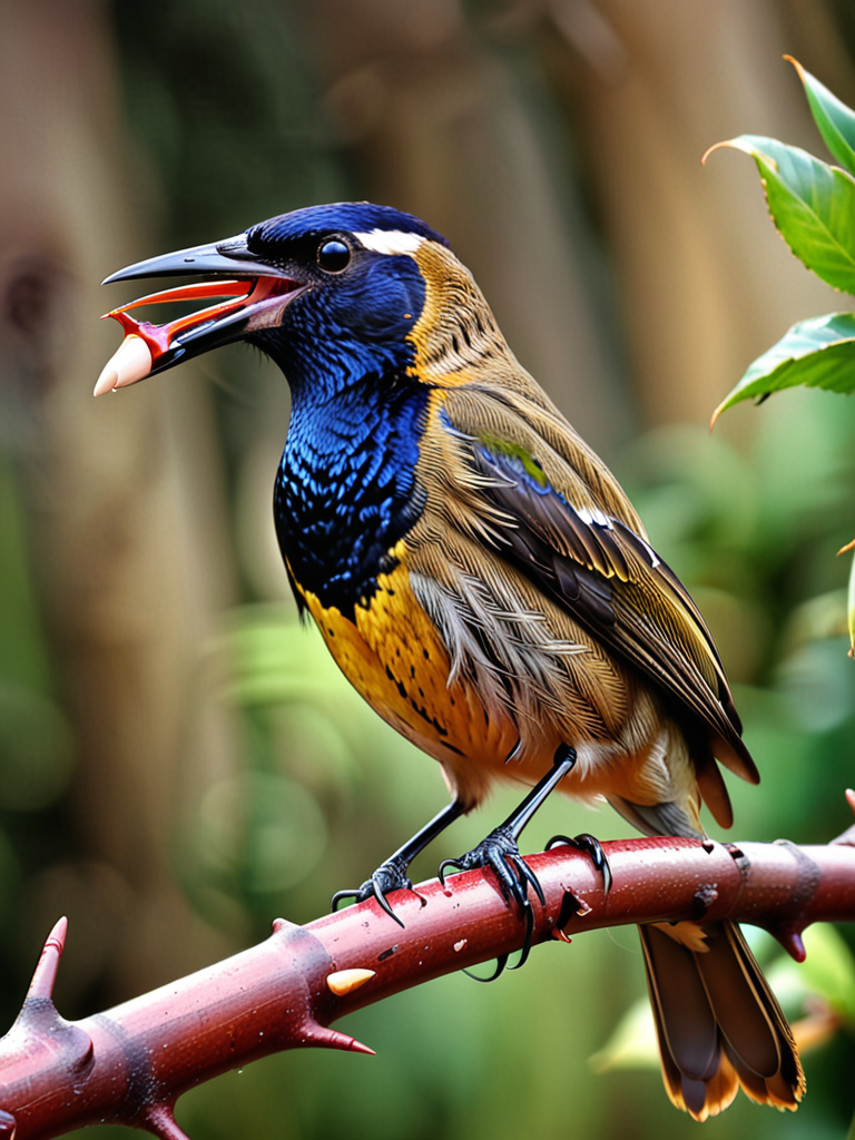 Colorful Bird Perched on a Branch, Enjoying a Delicious Snack