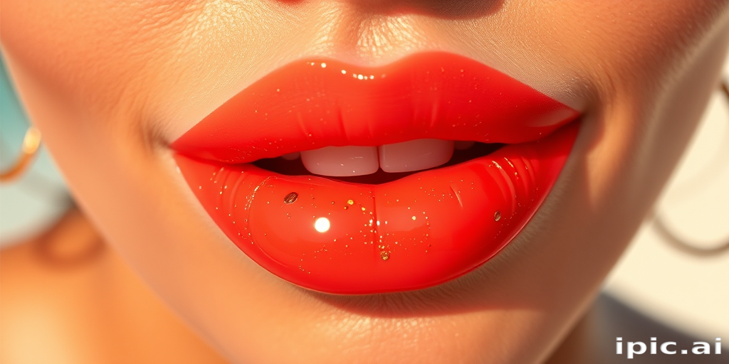 Vibrant Close-Up of Glossy Red Lips with Sparkling Shine and Playful ...
