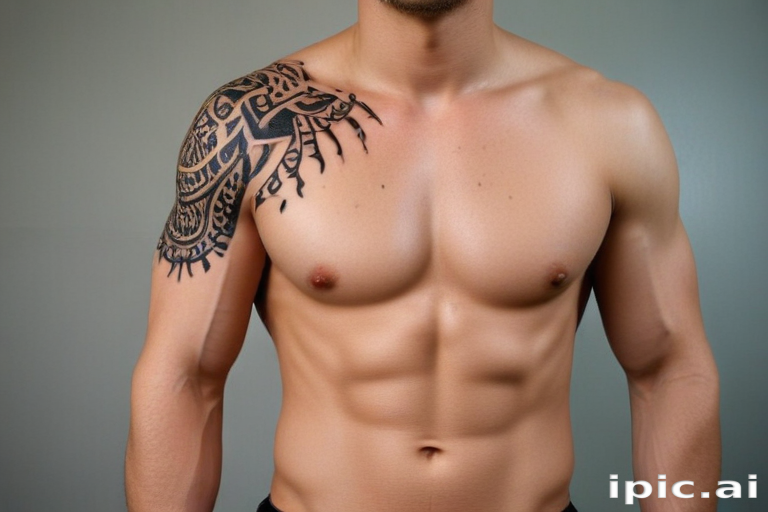 Detailed Close-Up of a Man's Upper Body Featuring Intricate Shoulder Tattoo