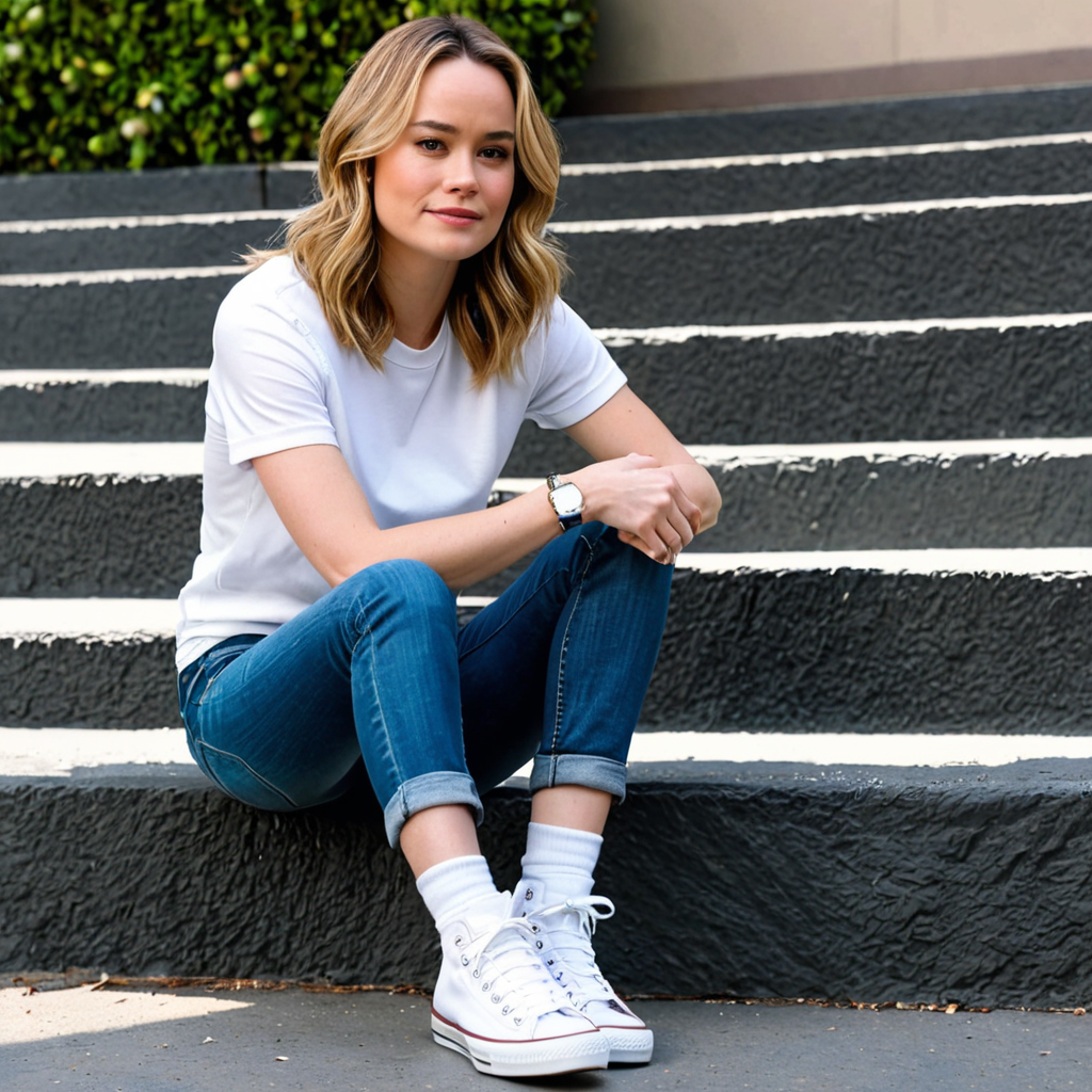 Mcu Brie Larson Carol Danvers Sitting in White Shirt, Blue Jeans, White ...