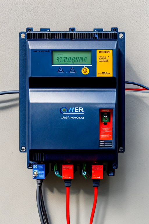Inverters: Close-up of the ports and connections on an inverter. Wide ...