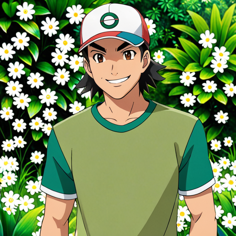 male Pokemon trainer, asian, black mullet, smile, brown eyes, green ...