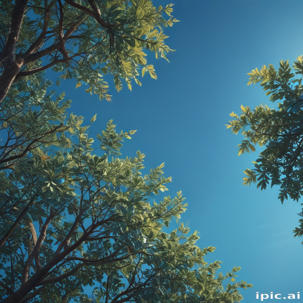 Looking Up Through Lush Green Tree Canopies Under a Bright Blue Sky