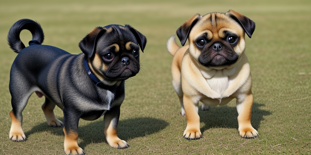 Two Adorable Pugs Playfully Posing Together on a Sunny Day Outdoors