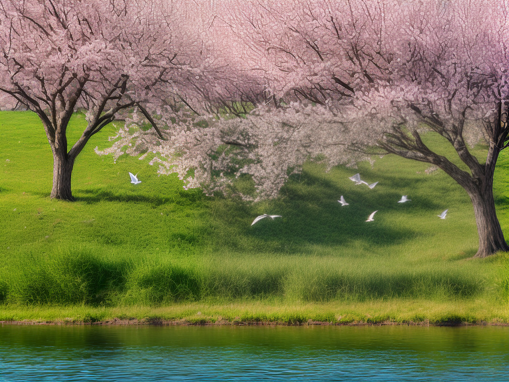 Colorful birds flying over an apple tree on the banks of a river