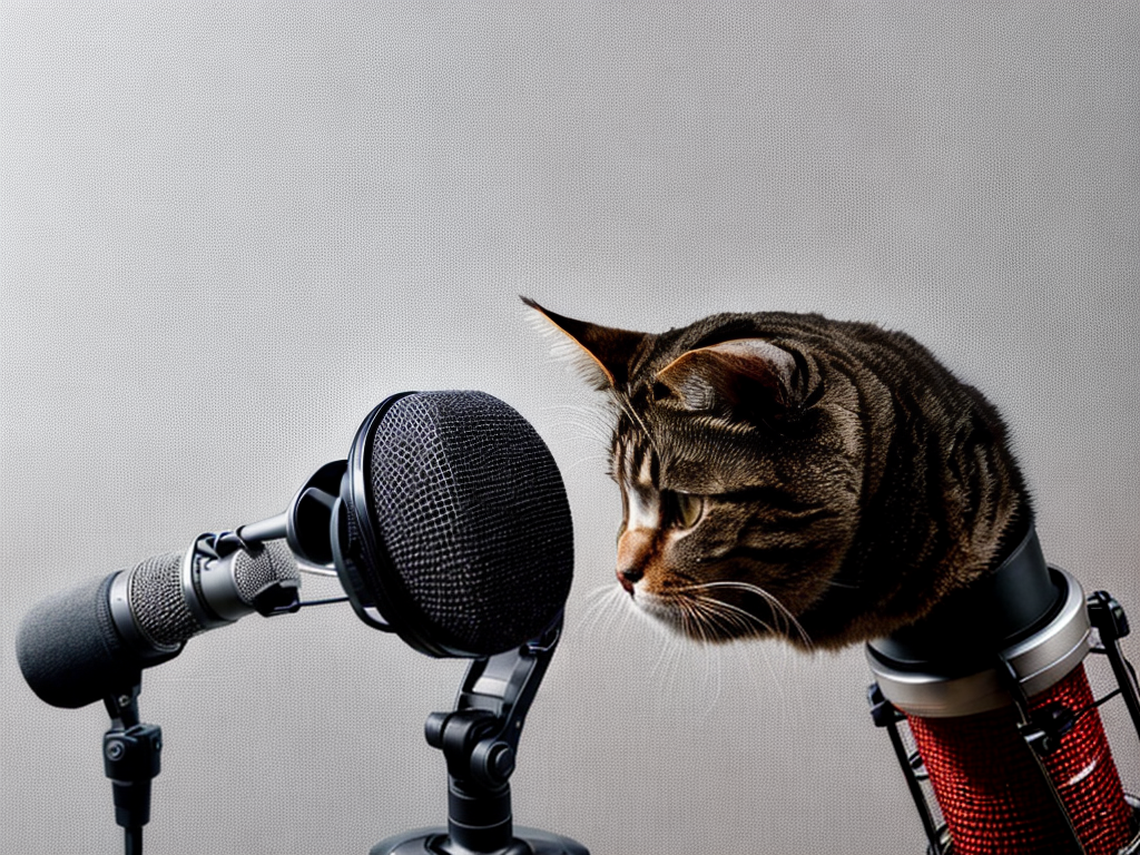cat with a red hat singing into a microphone in a recording studio