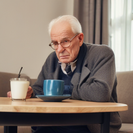 grumpy old man at a coffee table having coffee