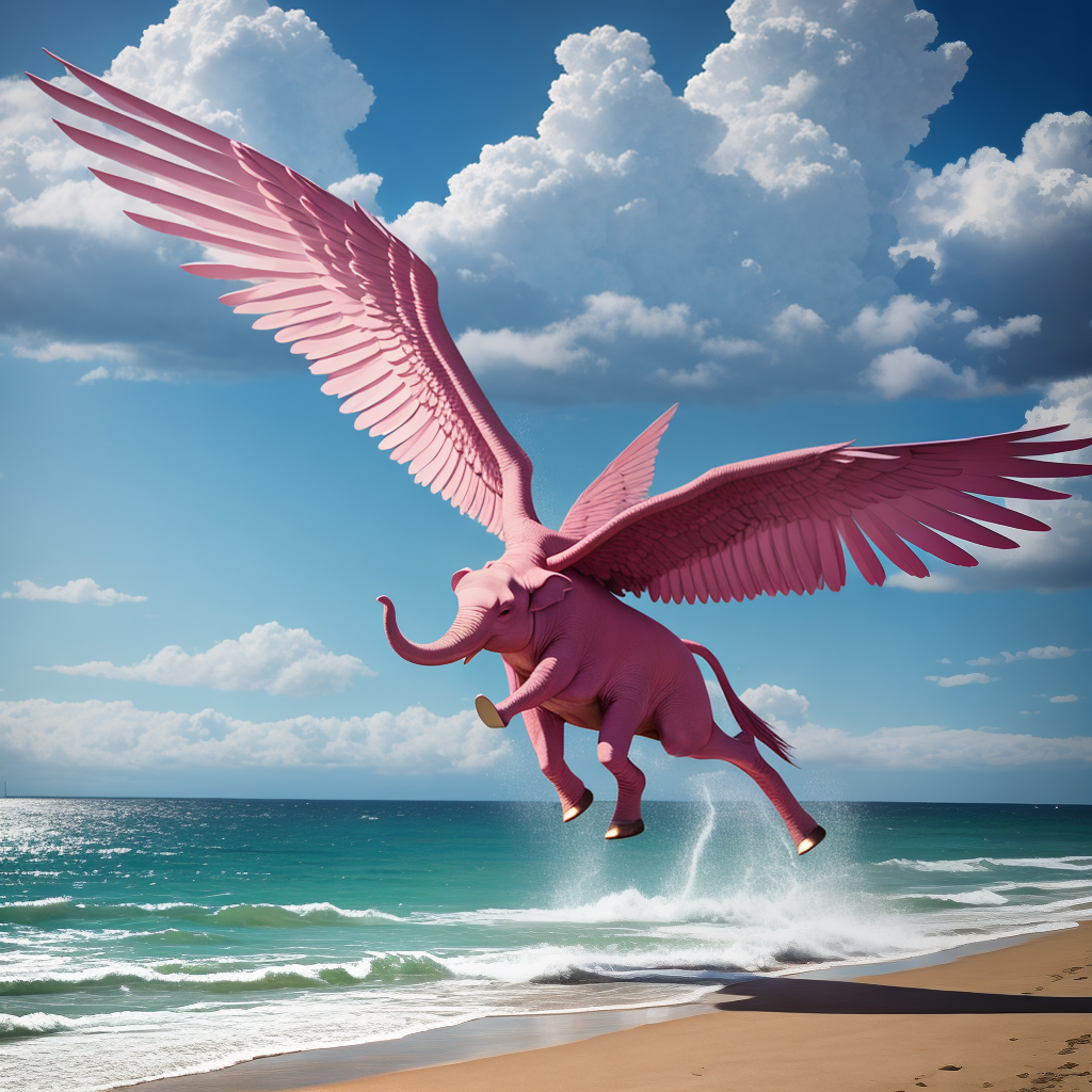 one surrealistic pink elephant with wings flying in the sky over a ...