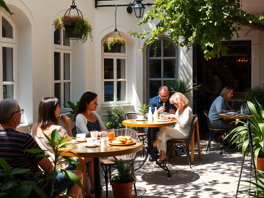 Sunny Cafe Scene with Guests Enjoying Breakfast Among Lush Greenery