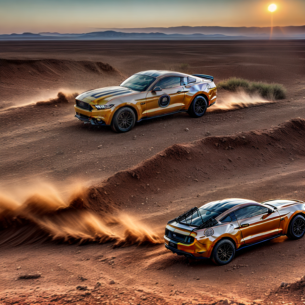 Mustang com pneus off road no deserto com por do sol
