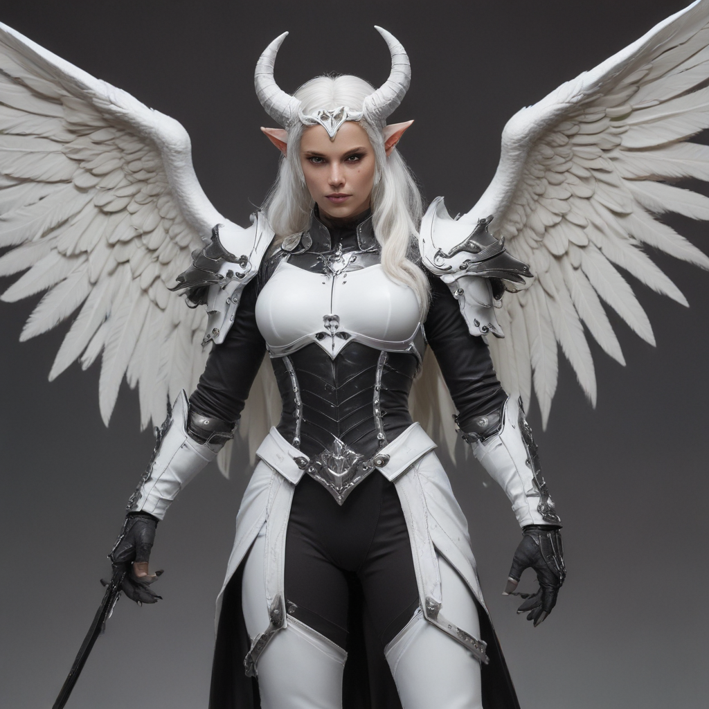 White Tiefling paladin with dark angel wings