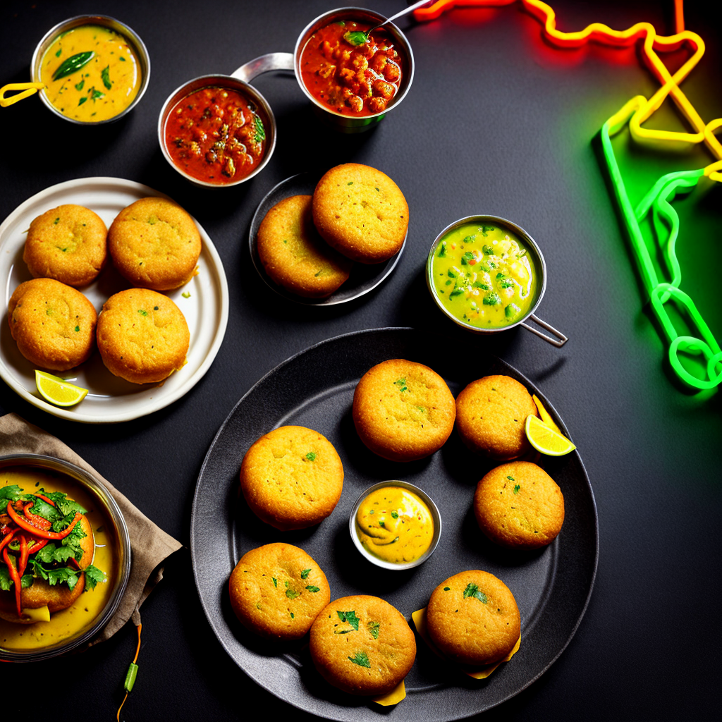 mumbai vada pav and mirchi in neon lighting and art colors