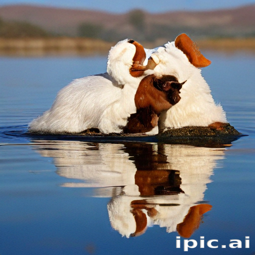 Two Adorable Animals Playfully Interacting on a Calm Lake Surface.