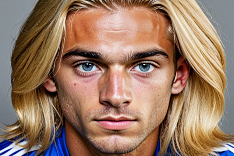 create a soccer player called Theo with blond hair and soft gray eyes