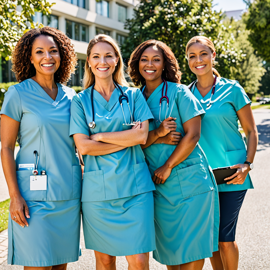 a group of nurses outside smiling on a sunny day