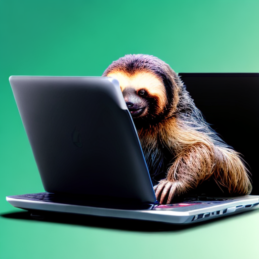 A sloth sleeping in front of a linux laptop rendered in a futuristic style