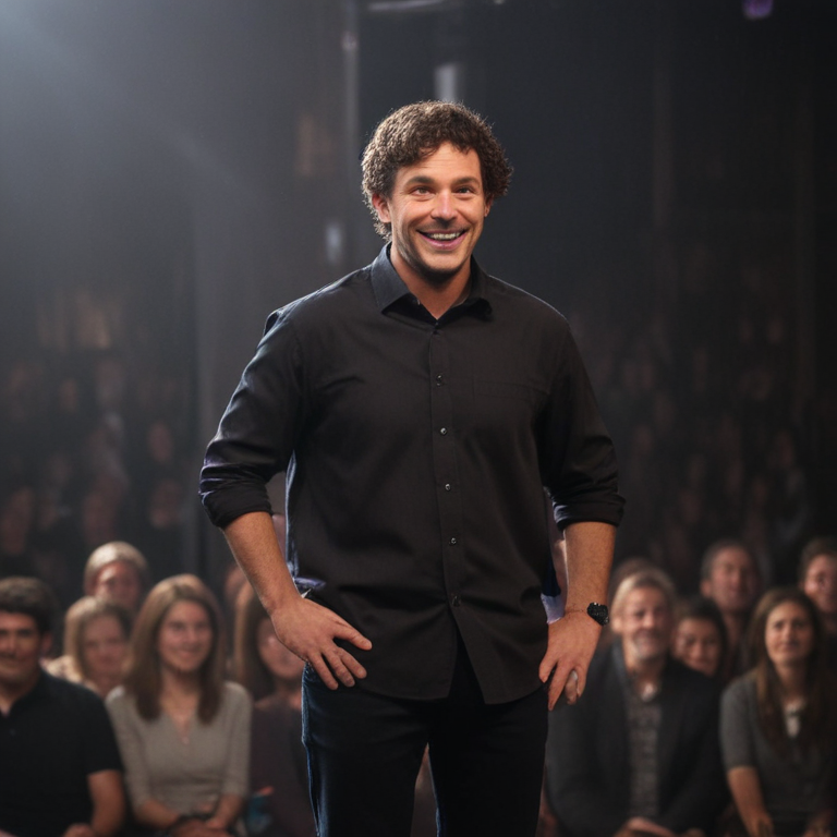 a comedian standing with the back to the camera, on stage with a crowd ...