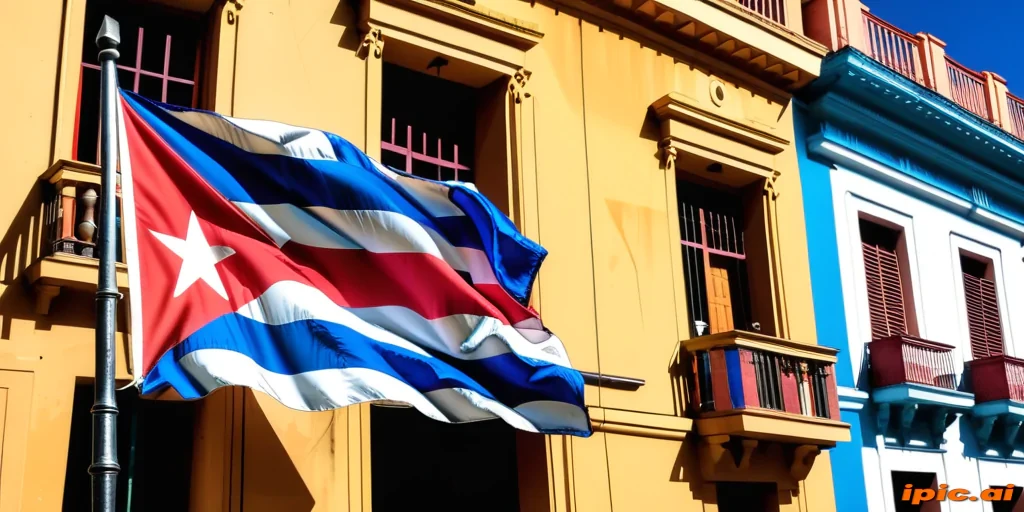 Vibrant Cuban Flag Flutters Against Colorful Colonial Buildings in Havana