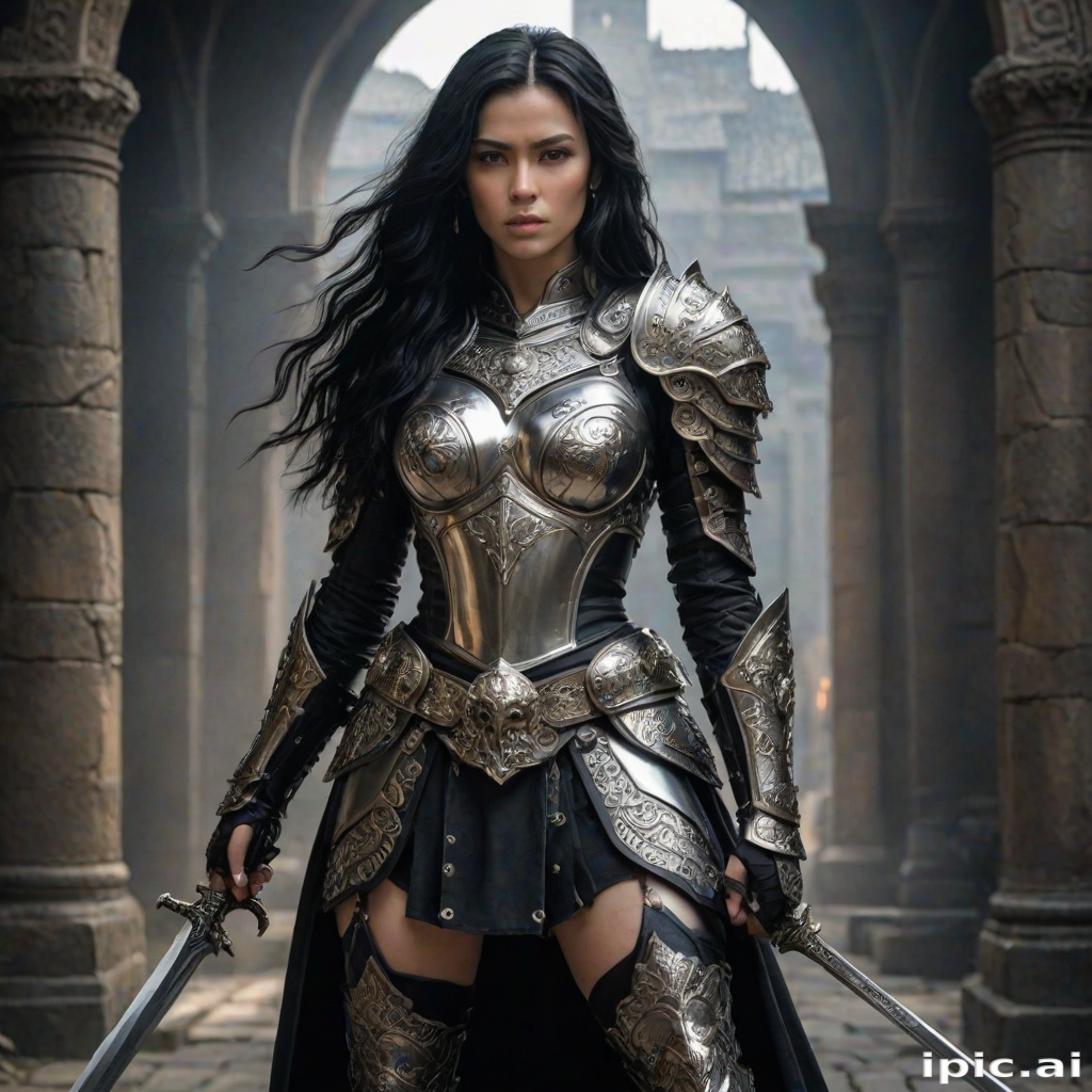 A Fierce Warrior Woman in Glimmering Armor with Swords in Hand.