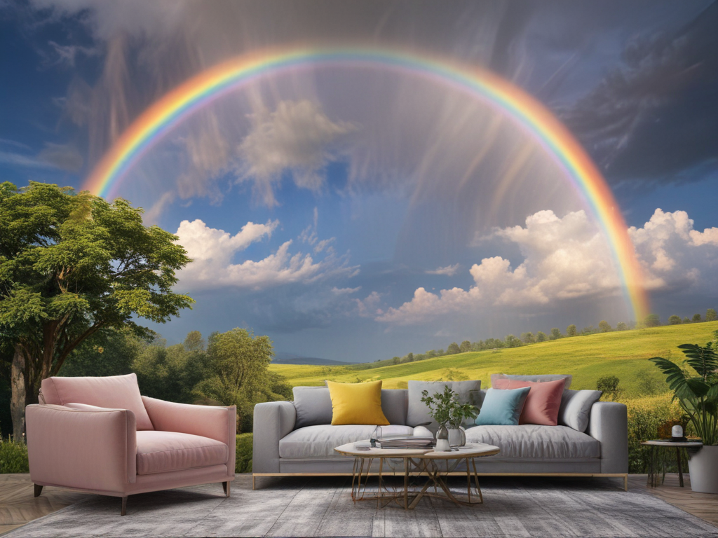 Serene Living Room with Vibrant Rainbow and Lush Green Landscape View