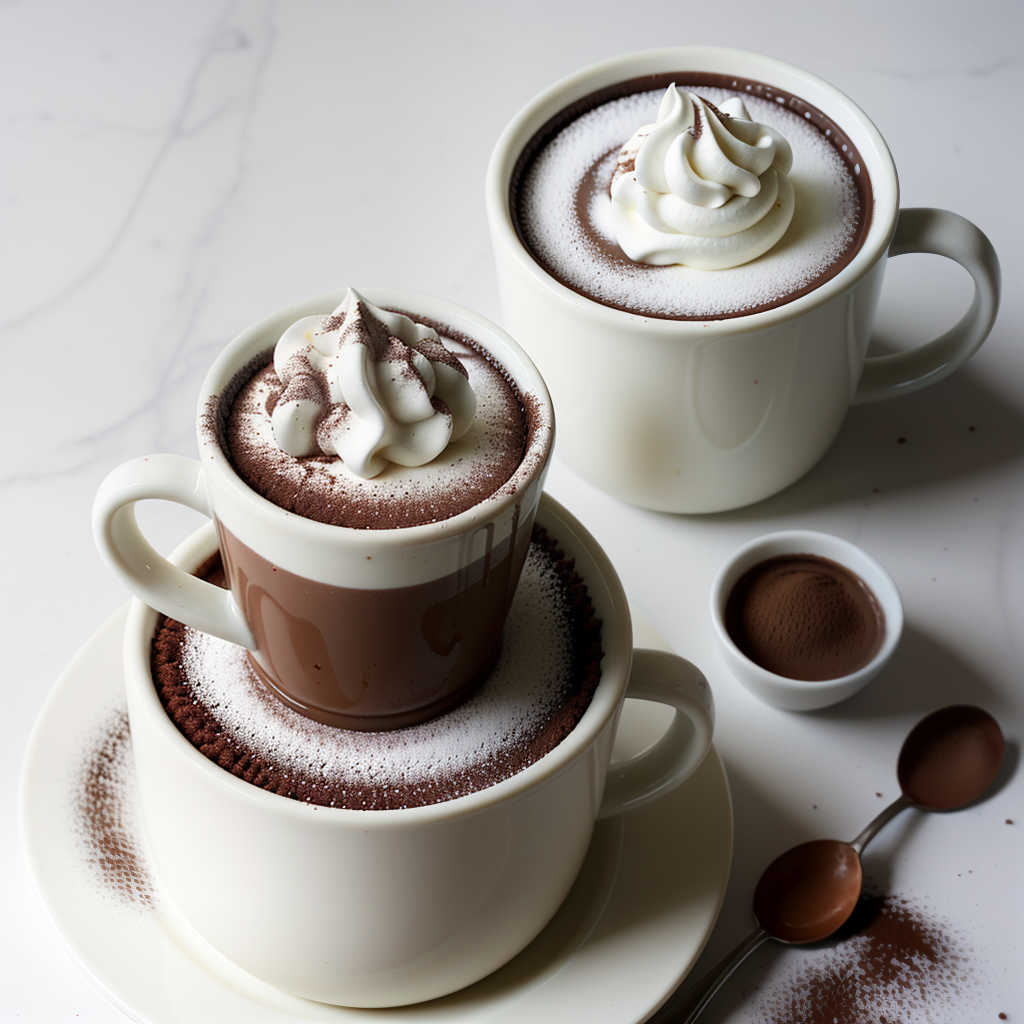 Delicious Hot Chocolate Cups with Whipped Cream and Cocoa Powder Toppings