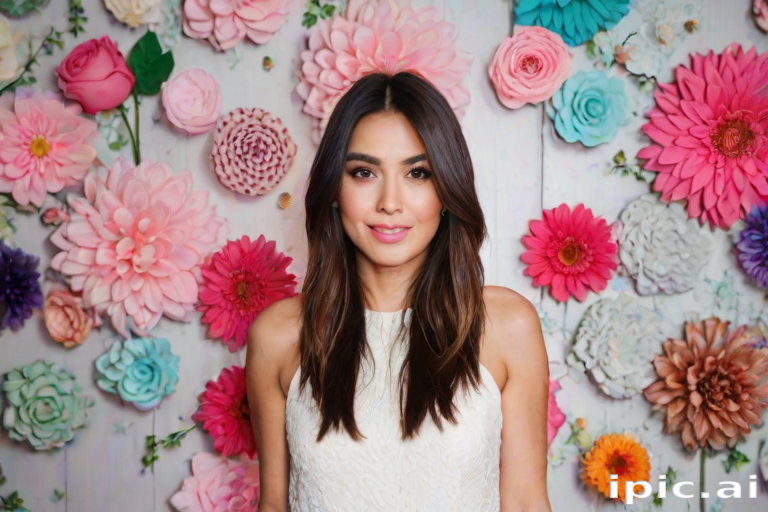 Beautiful Woman Posing Against a Colorful Floral Wall Backdrop in ...