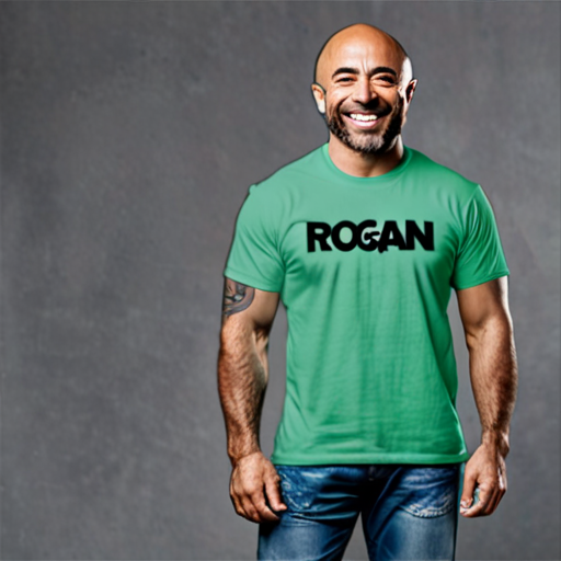 panoramic view of a T-shirt with Joe Rogan's iconic grin printed on it.