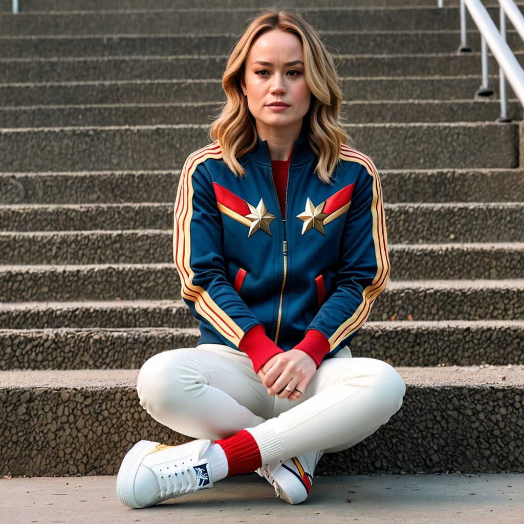 Brie Larson Carol Danvers sitting in her Captain Marvel Chestpiece ...