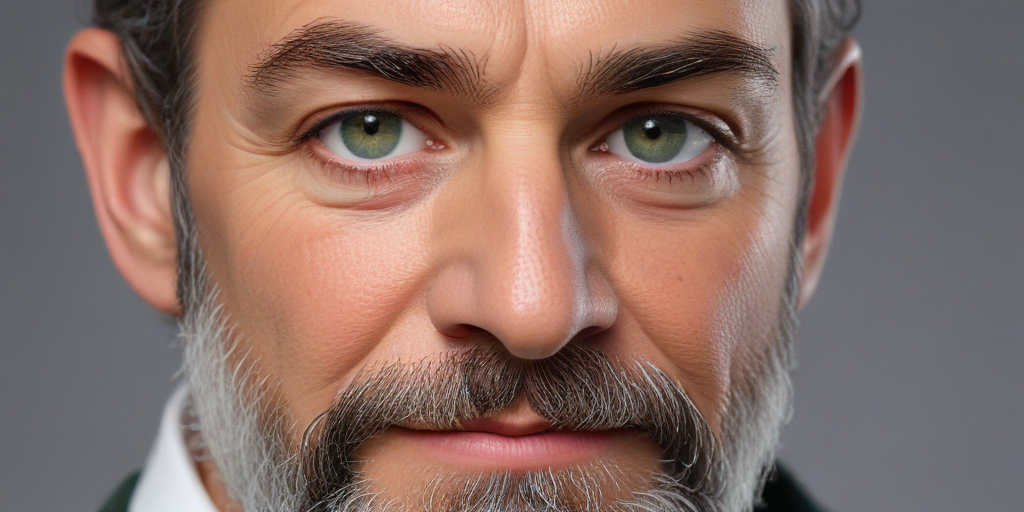 Masculine Elder Tudor Duke, black greying hair & beard green eyes