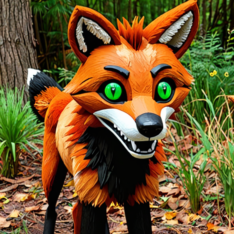 An animatronic maned wolf with green eyes in the style of the game Five ...