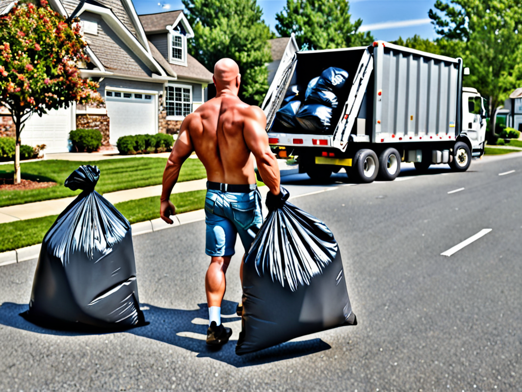 realistic handsome bald muscular garbagemen from behind carrying black ...