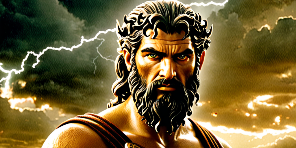 Zeus, Deus grego com raios saindo das mãos, no Olimpo, olhando de cima ...