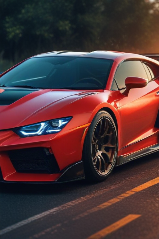Stunning Red Sports Car Captured on a Scenic Sunset Drive.