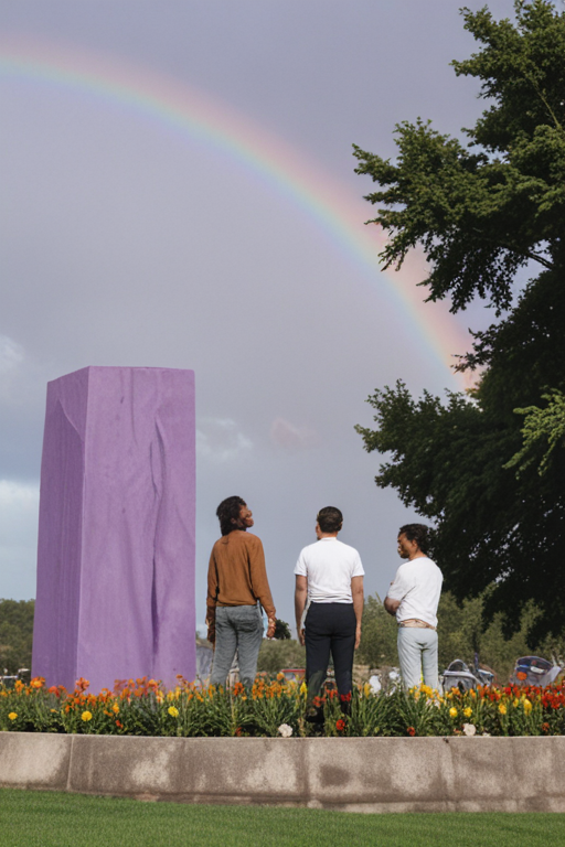 several BIPOC people standing in front of a purple monument with a ...