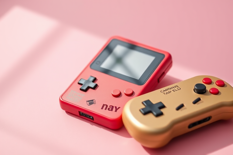 a close-up shot of a red retro handheld game console and a gold game ...